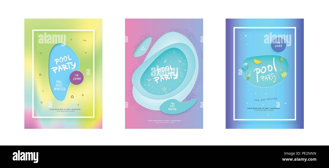 Set of Pool Party flyer. Paper cut effect. Vertical templates for ...