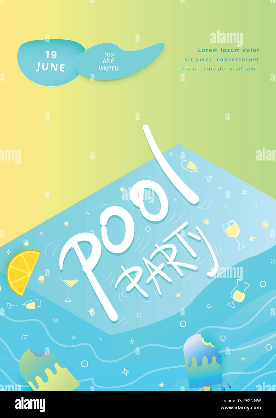 Pool Party flyer. Paper cut effect. Vertical template for summer ...