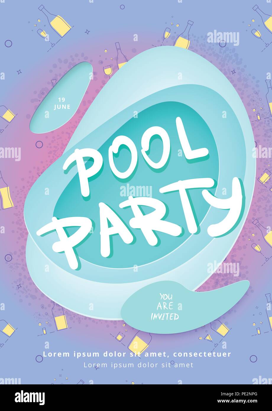 Pool party vertical flyer with paper cut shapes and drinks pattern ...