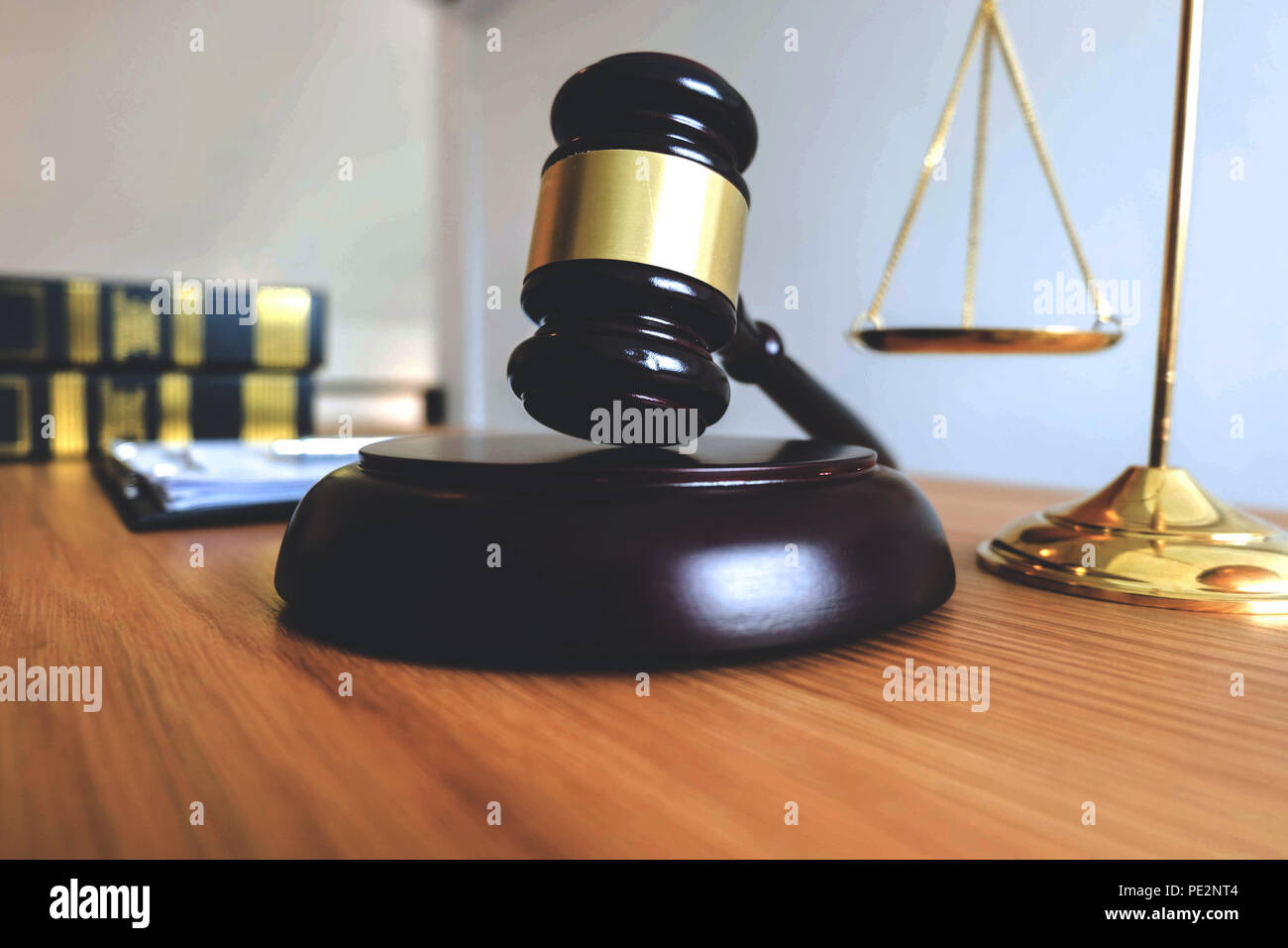 Close up object law concept. Judge gavel with justice lawyers and ...
