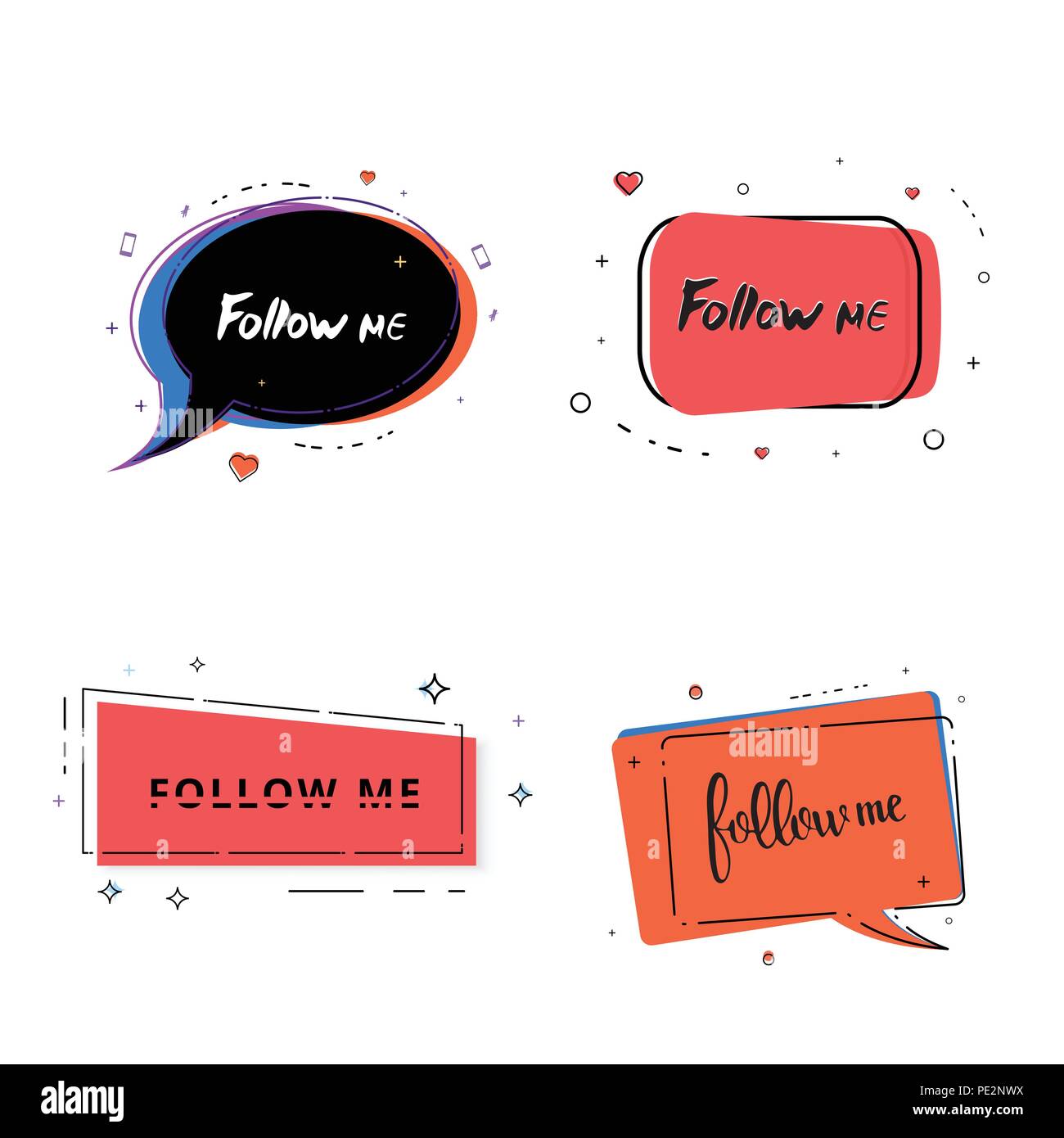 Set of Follow me quotes with geometric banners and bubble speeches ...