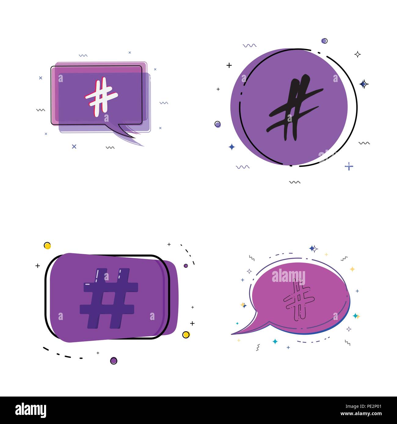 Set of Hashtag signs with bubble speeches and geometric shapes ...