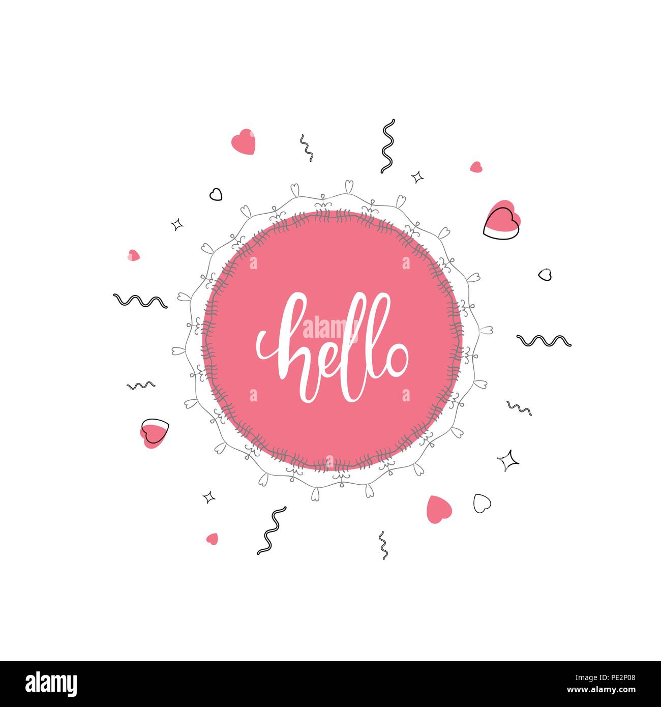 Hello banner. Handwritten lettering with round frame and decoration ...