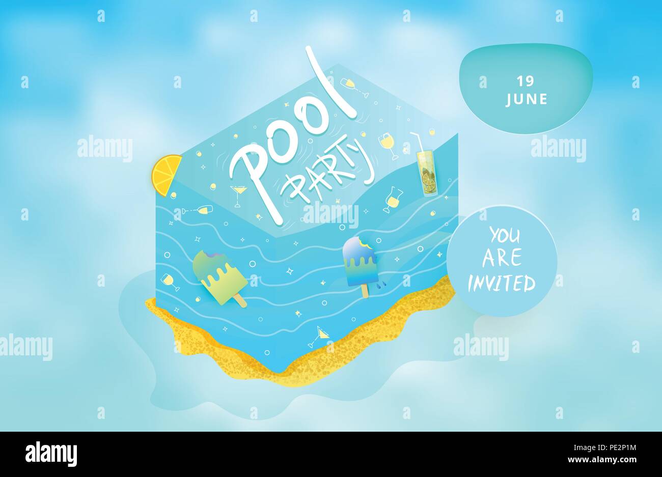 Pool Party flyer with cloudy background. Template for summer holiday ...