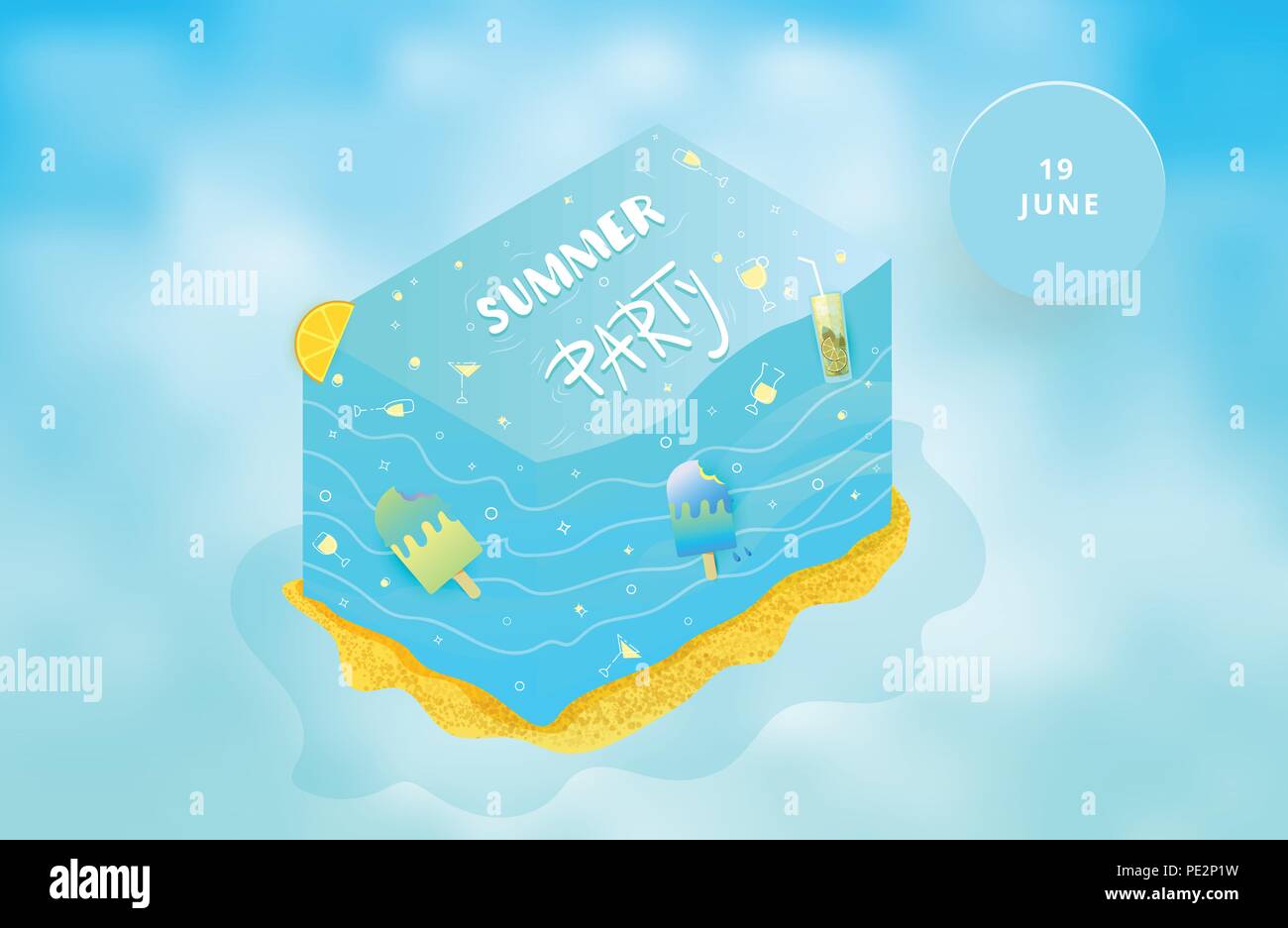 Summer Party flyer wiht cloudy background. Horizontal template for ...
