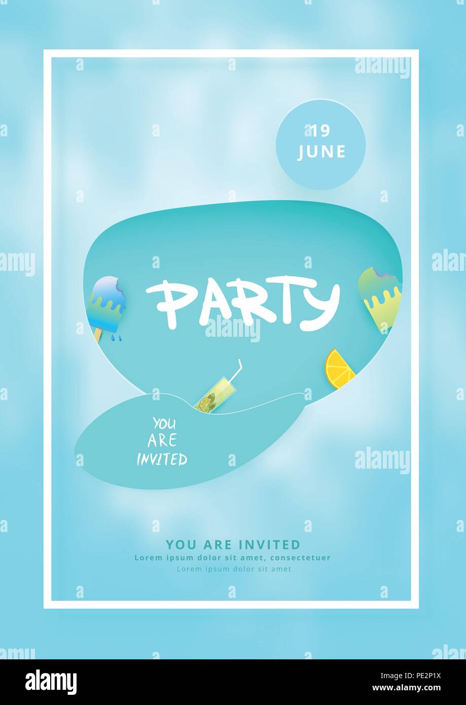Party blue flyer with cloud background and frame. Paper cut effect ...