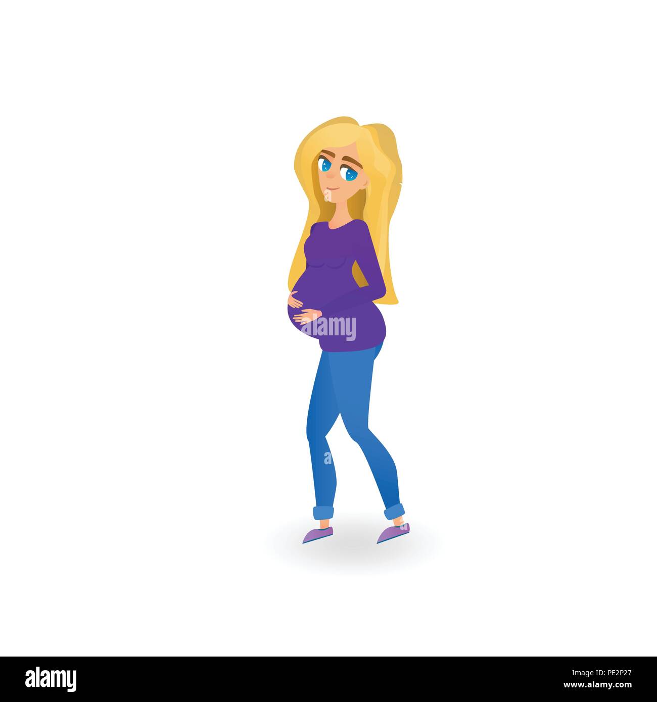 Pregnant young woman cartoon character. Blonde woman with baby bump ...
