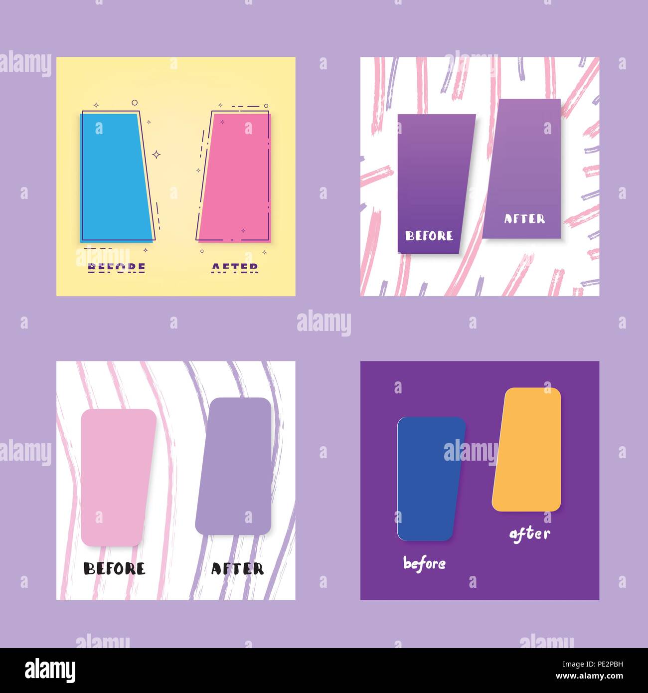 Set of four square Before and After screens. Comparison cards with ...