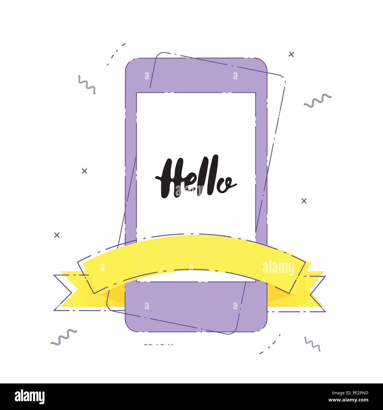 Hello banner. Handwritten lettering with phone screen. Vector ...