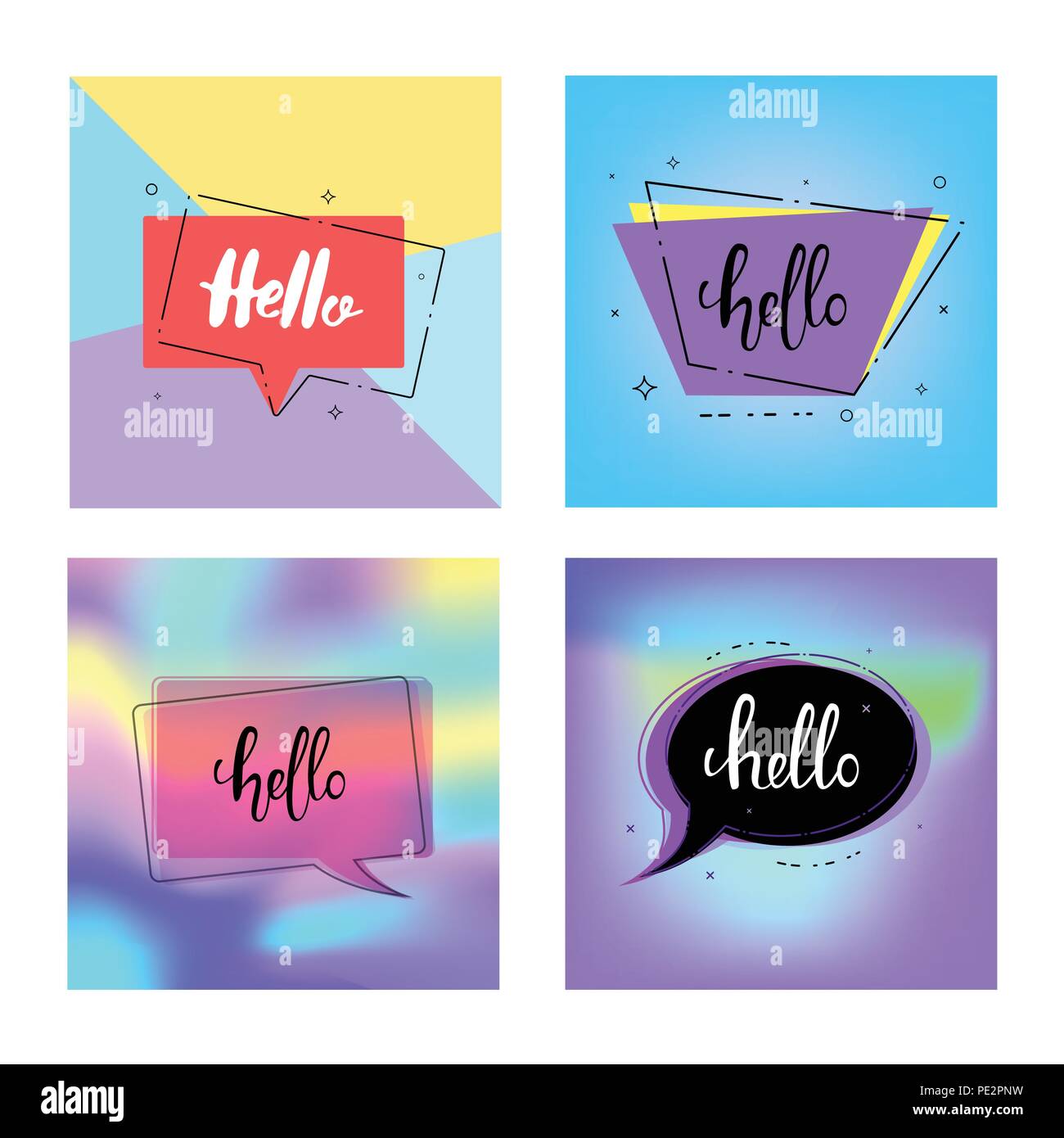 Set of Hello cards. Handwritten lettering on geometric banners. Element ...