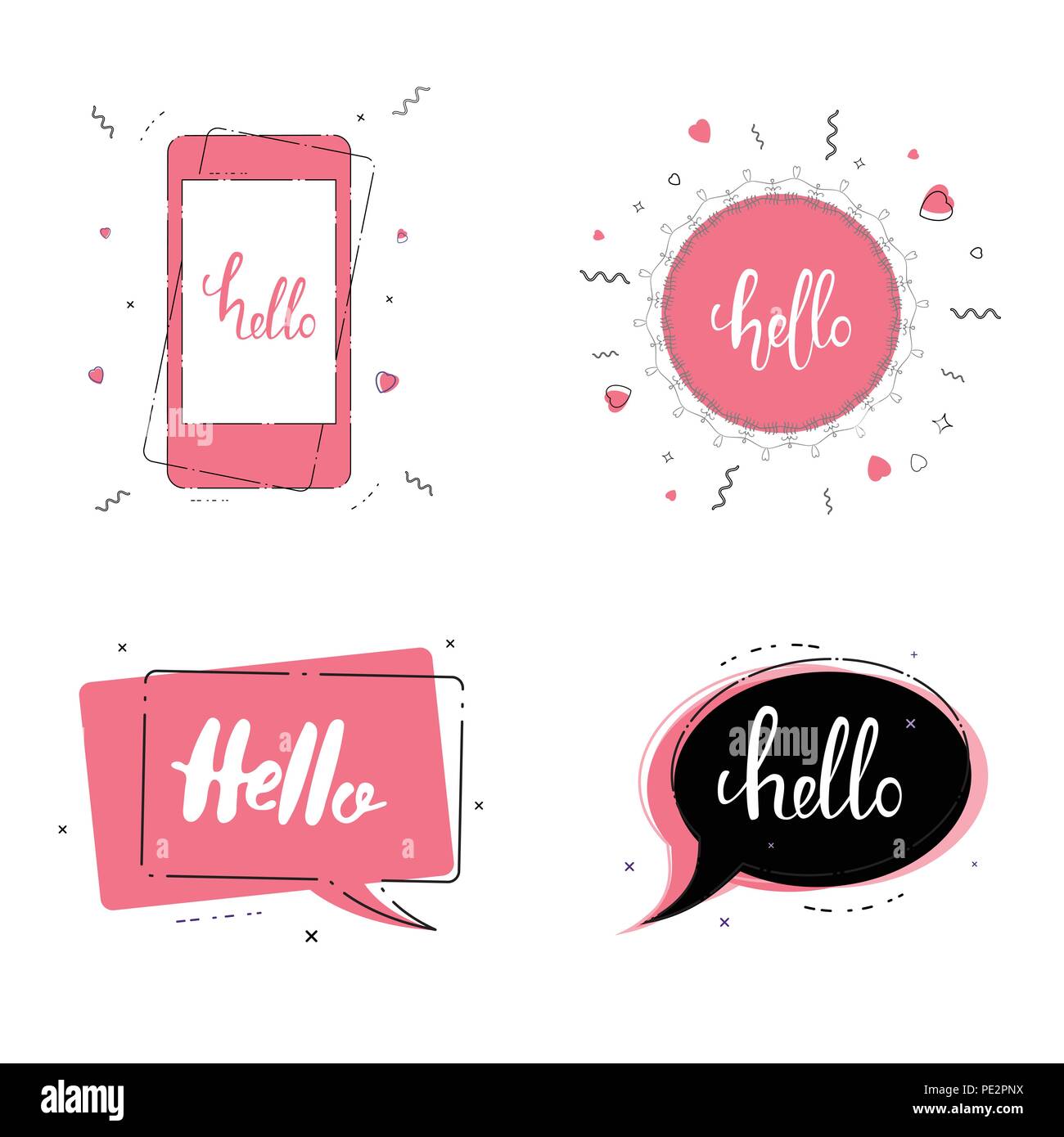 Set of Hello cards. Handwritten lettering on geometric banners. Element ...