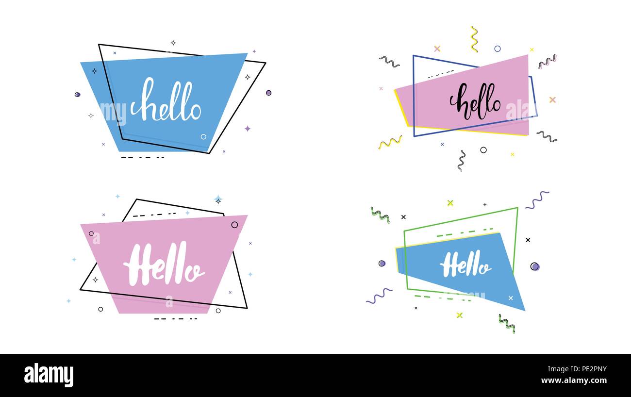 Set of Hello cards. Handwritten lettering on geometric banners. Element ...