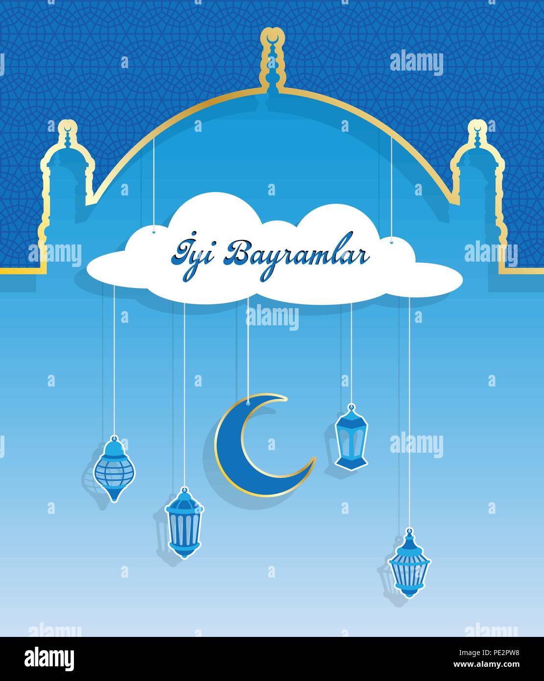 Greeting eid in Turkish with dome and lanterns. All the objects are in ...