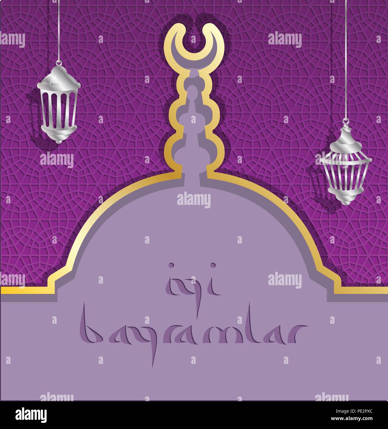 Turkish Eid greeting card with lilac mosque dome and lanterns. All the ...