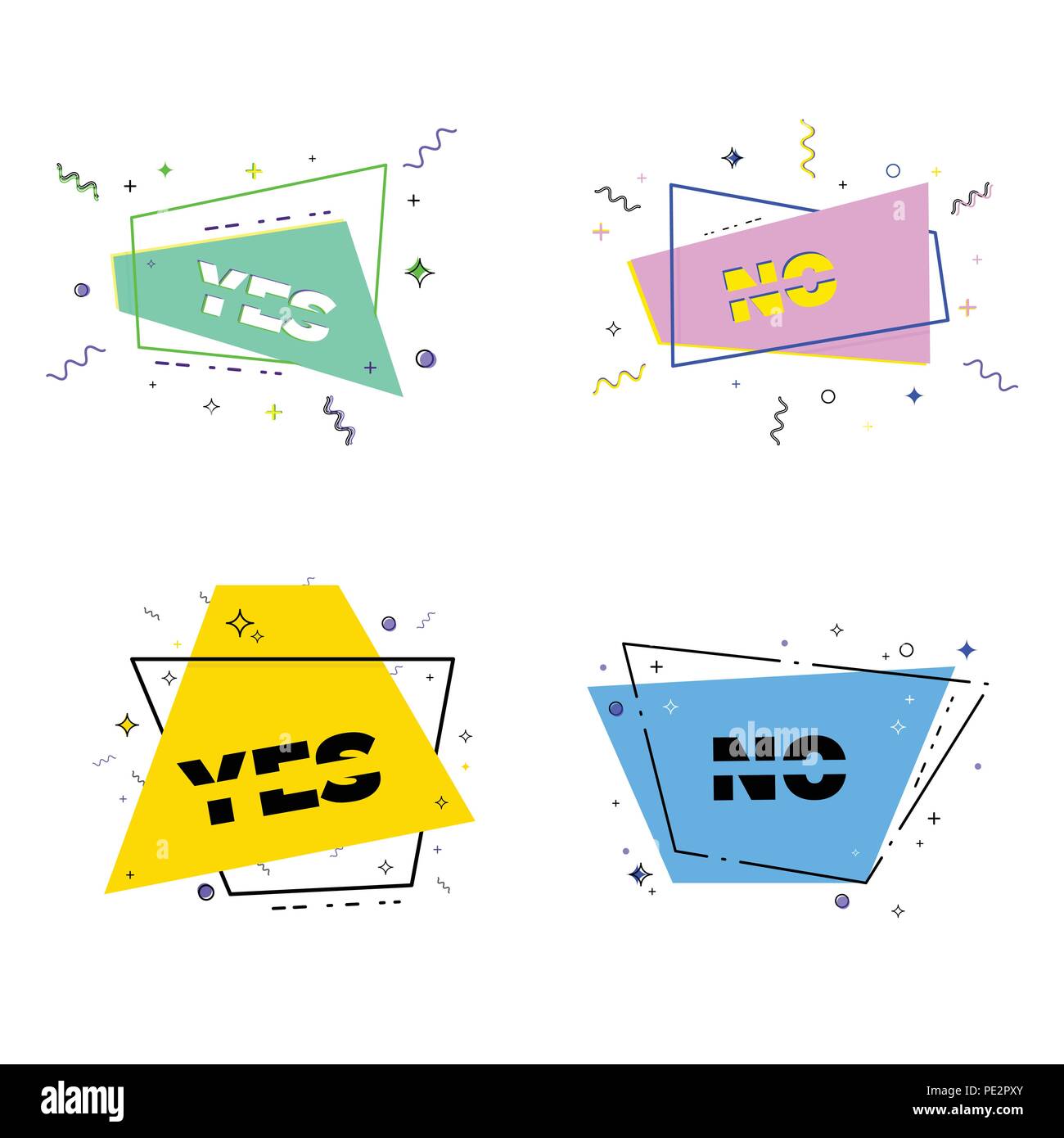 Set of Yes and No sliced lettering on geometric banners. Memphis style ...