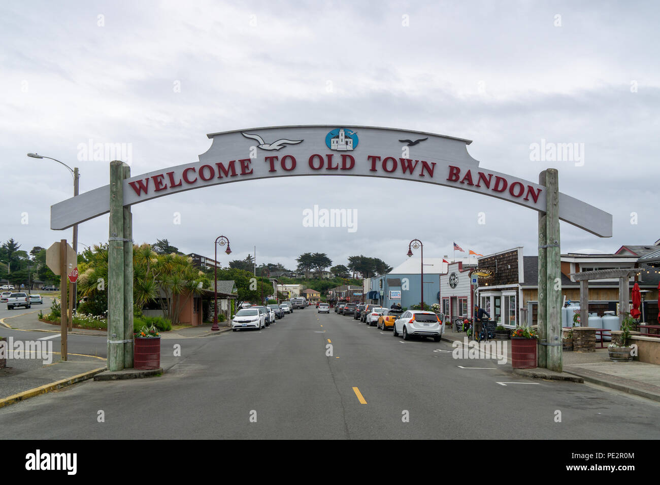 Welcome to old town Bandon arch sign on the main street of the ...