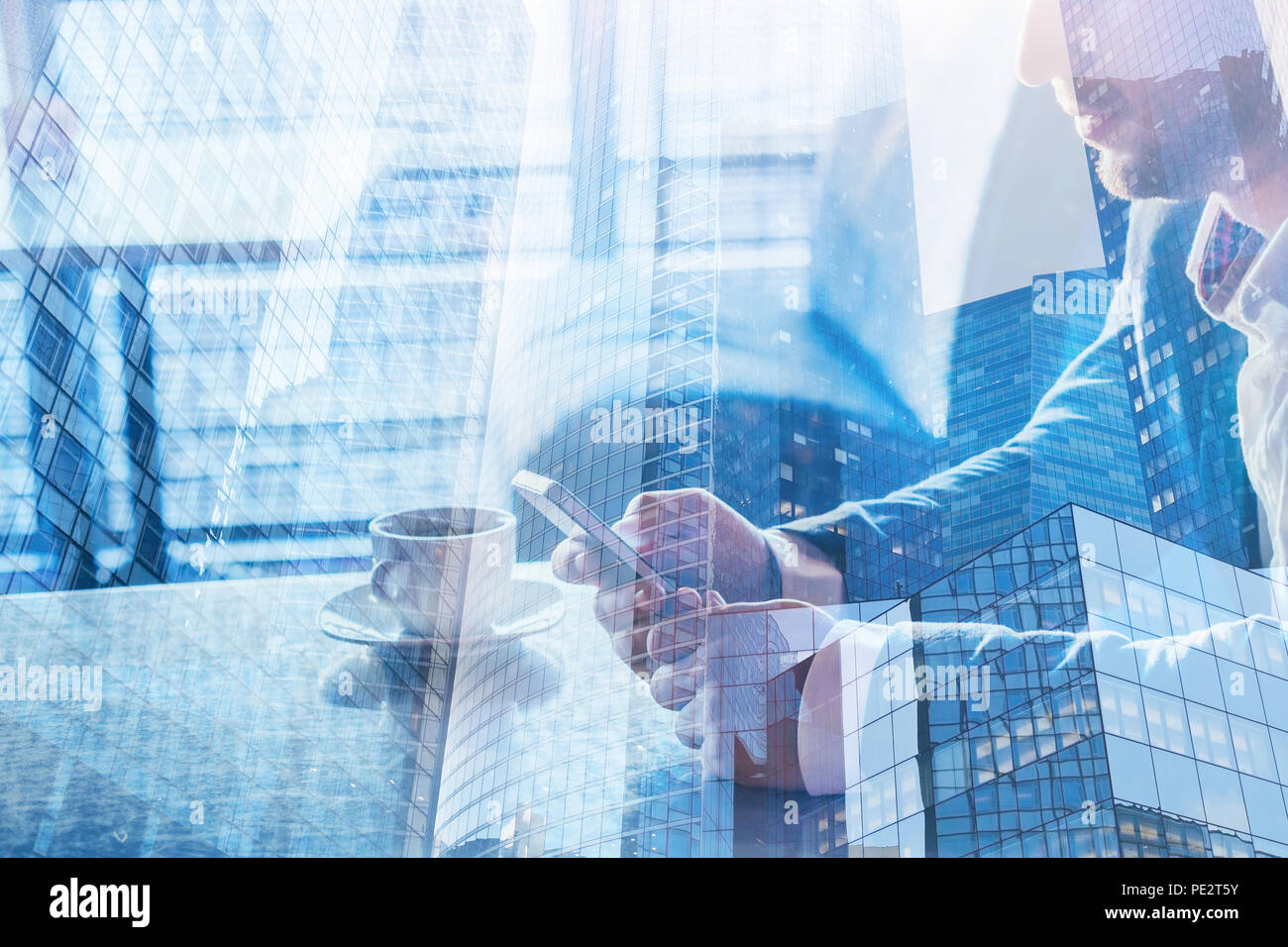 man using smartphone double exposure, mobile app closeup of hands with ...