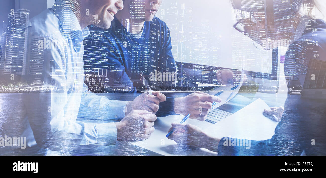 business team of coworkers working on startup in office, banner double ...