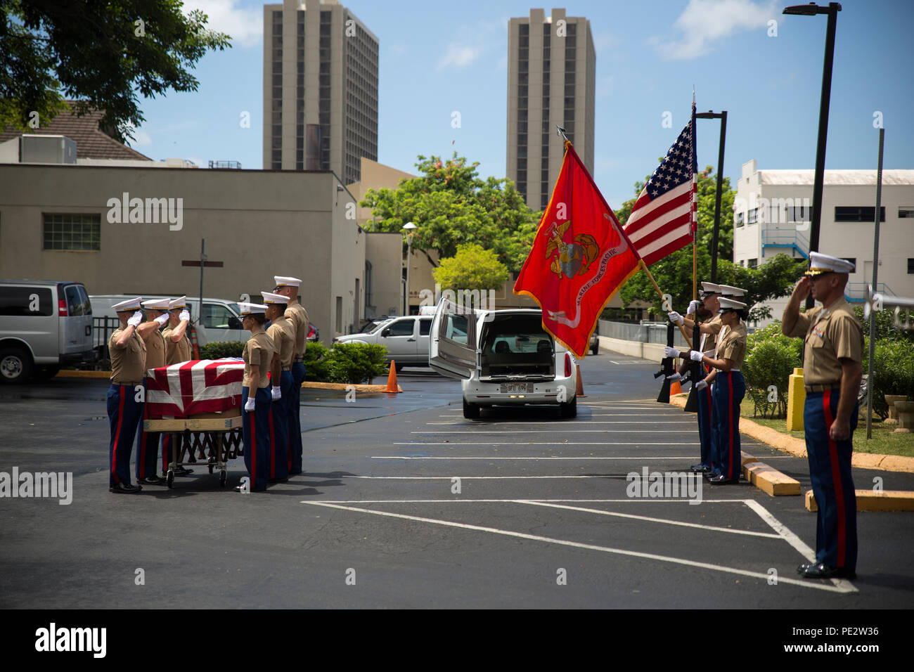 A dignified transfer ceremony honors 1st Lt. Alexander "Sandy" Bonnyman, Jr. at Borthwick ...