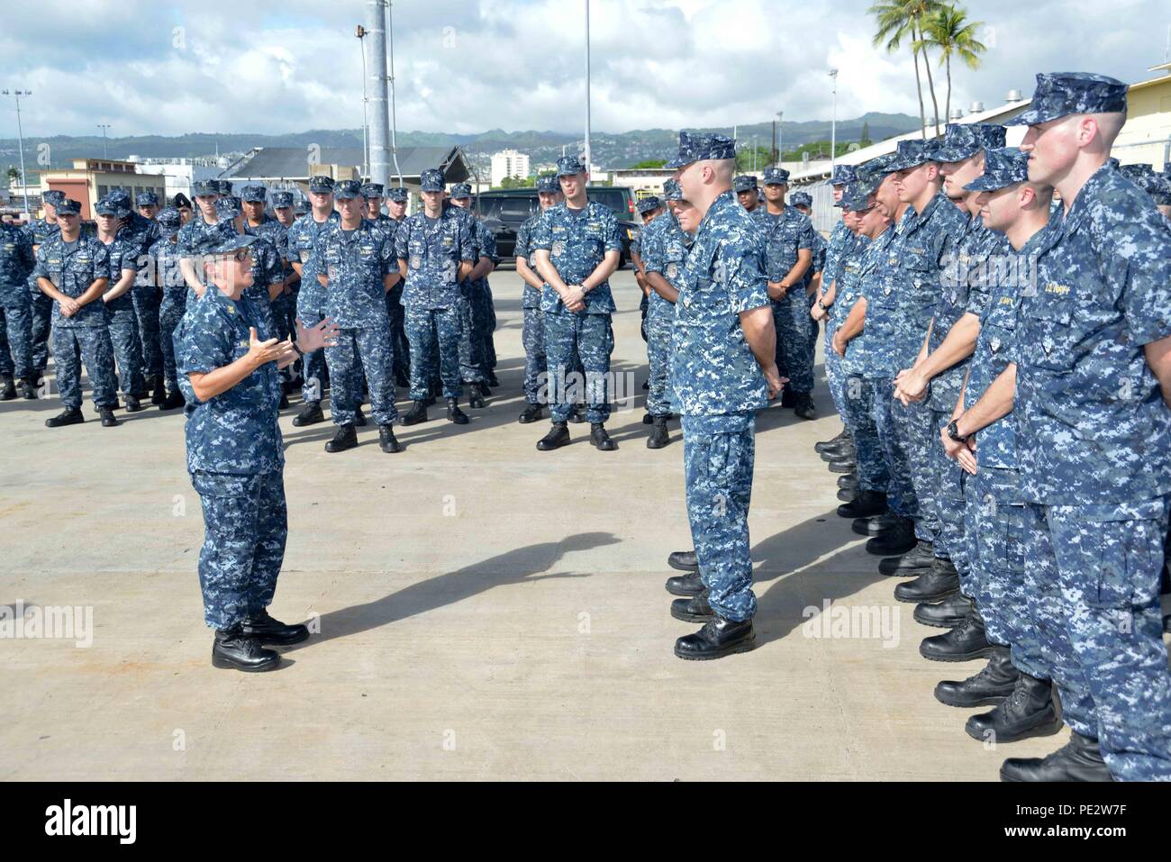 U.S. Pacific Fleet Master Chief Susan Whitman (left) speaks to the crew ...