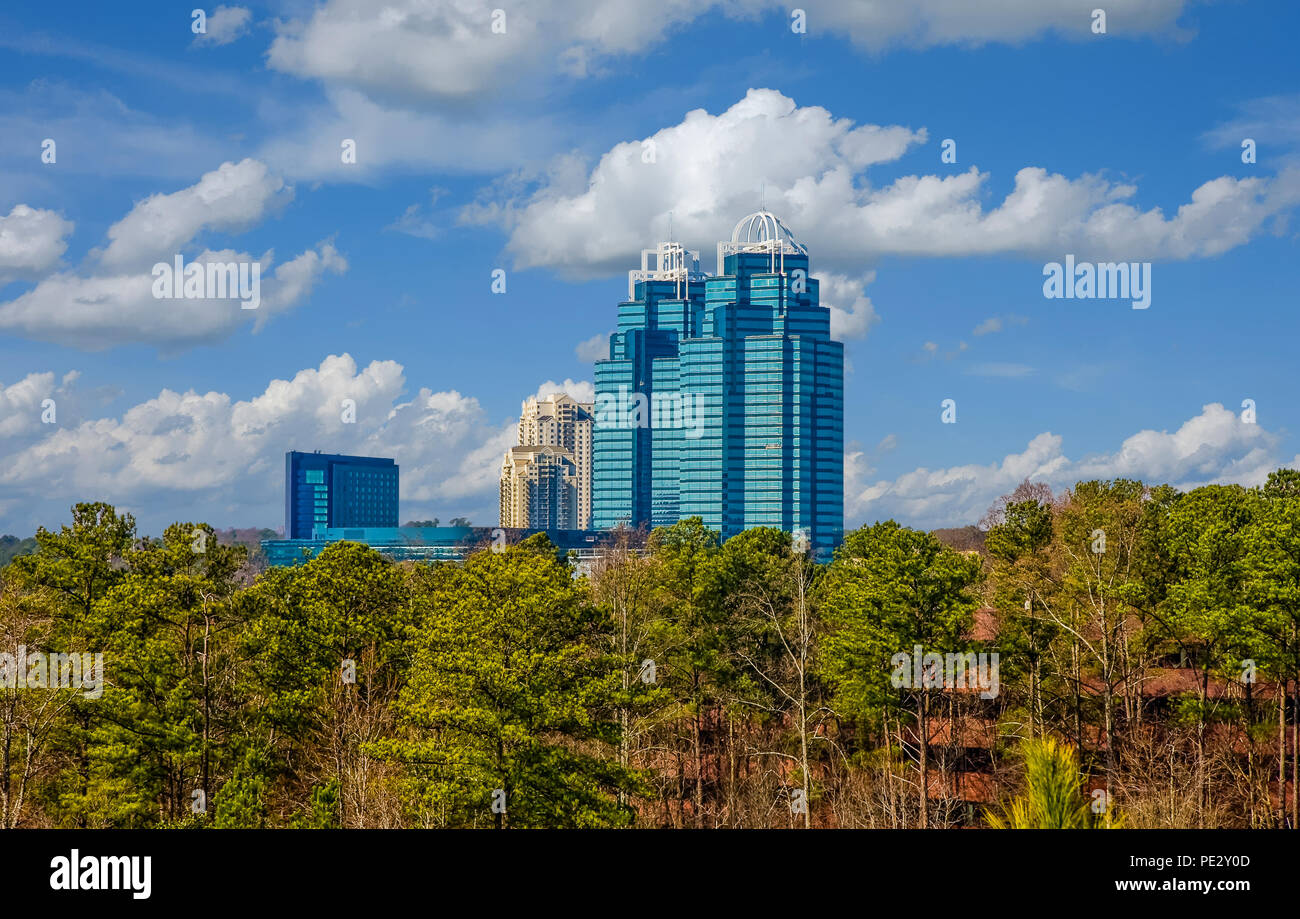 Modern Blue towers rising out of the trees in the distance Stock Photo ...