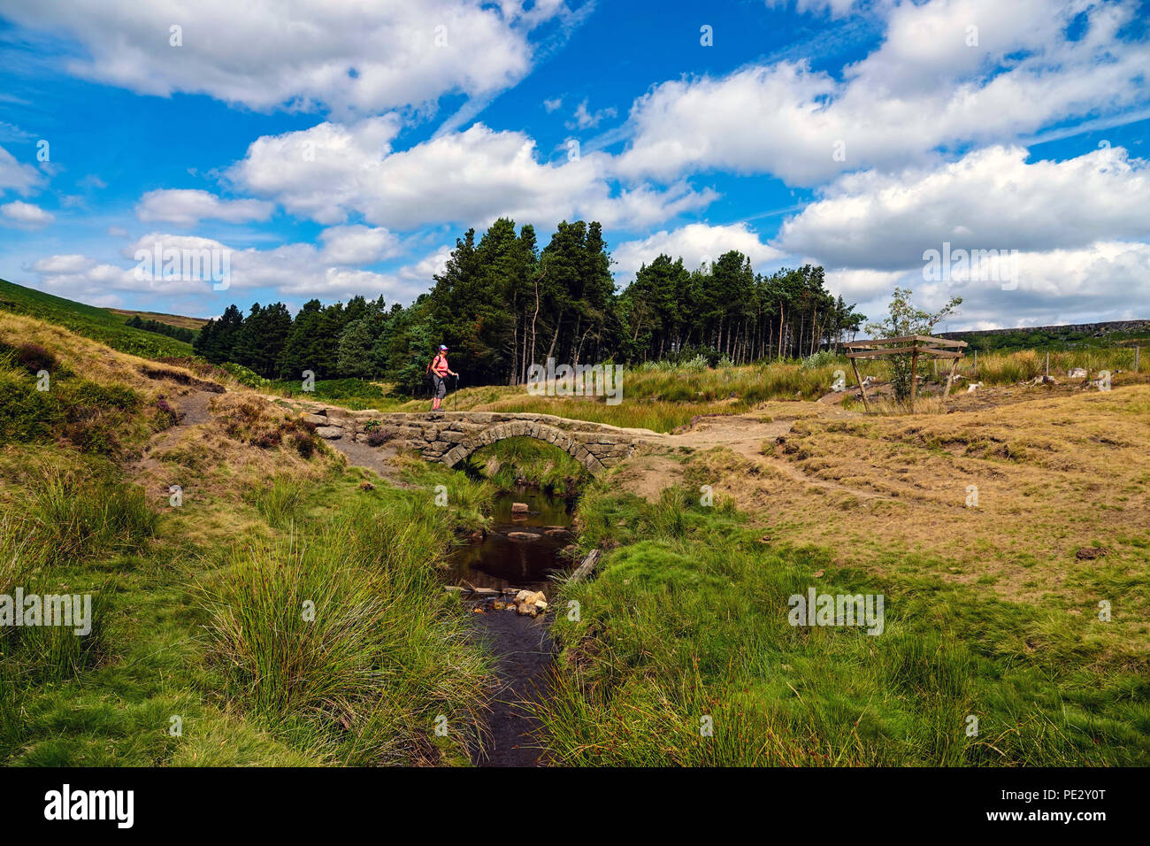 Single female walker and packhorse bridge, Burbage, Burbage Valley ...