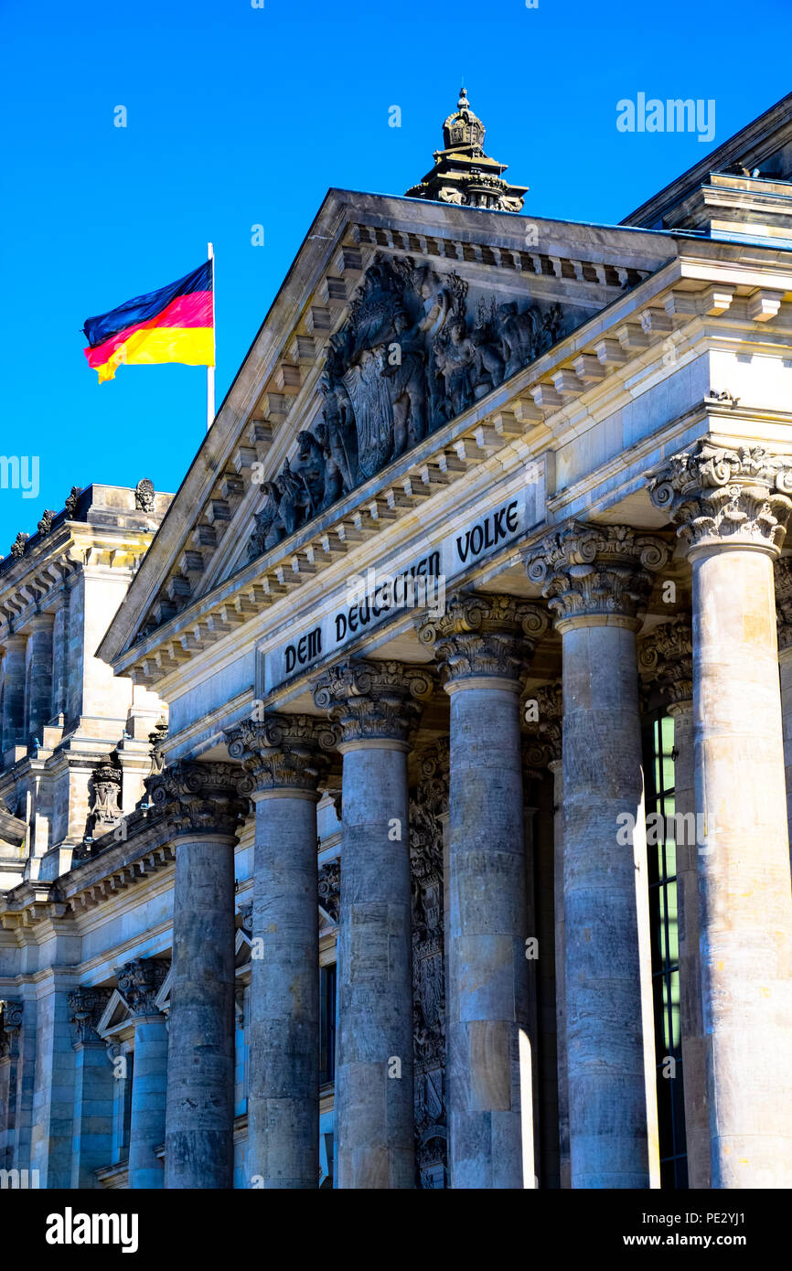 Façade and architectural details of the Reichstag building in Berlin ...