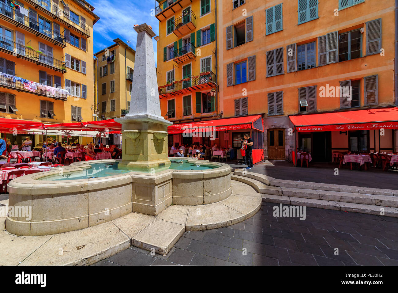 Nice, France - May 24, 2018: View onto the fountain on the famous Place ...