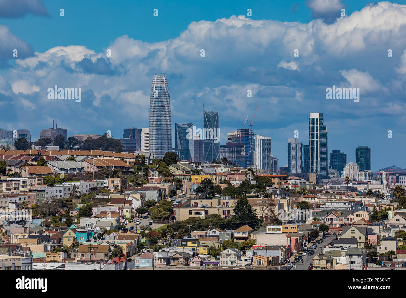 San Francisco hills with rows of houses and downtown skyline with ...