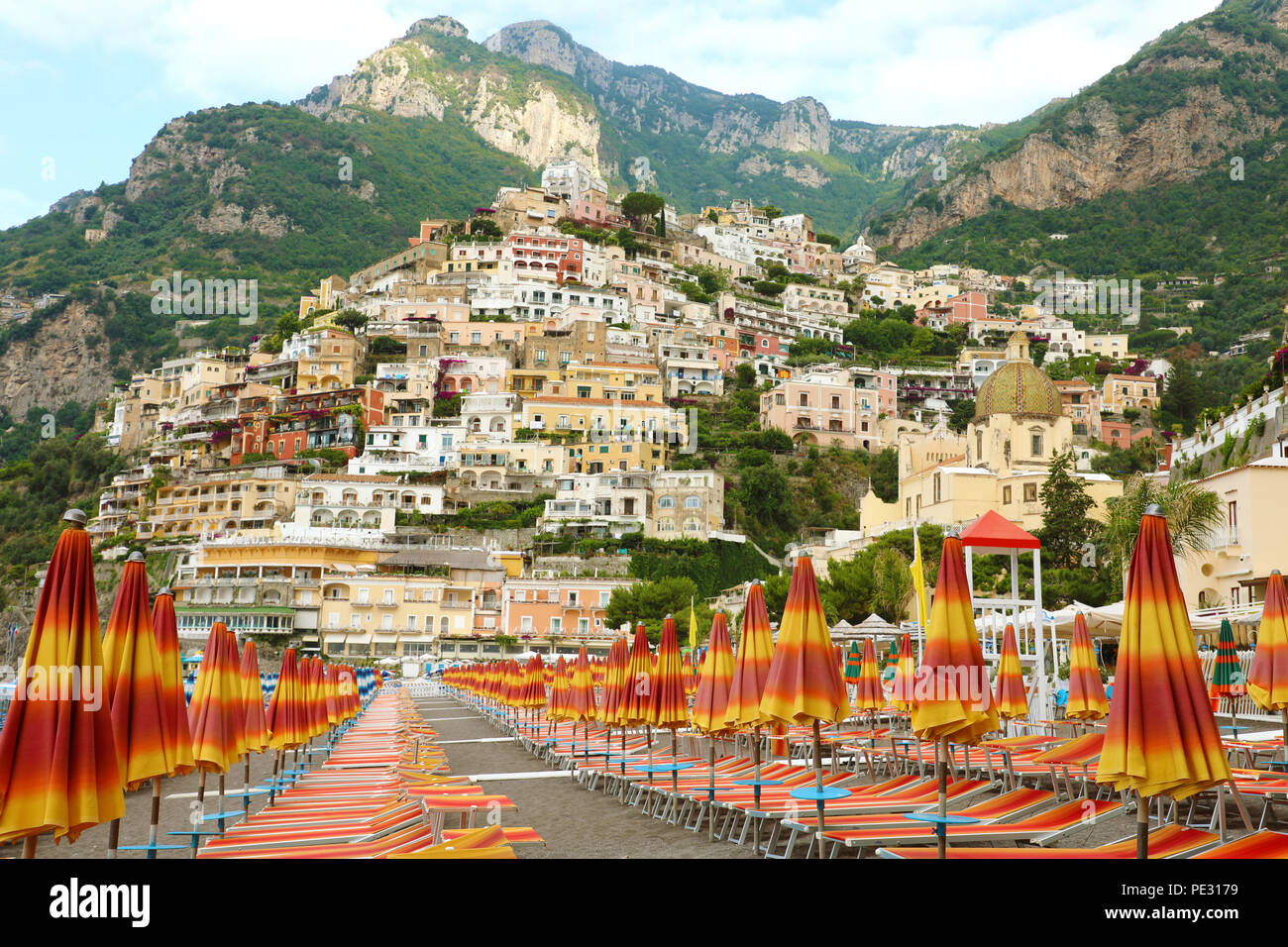 Amazing view of Positano village from the beach, Amalfi Coast, Italy ...