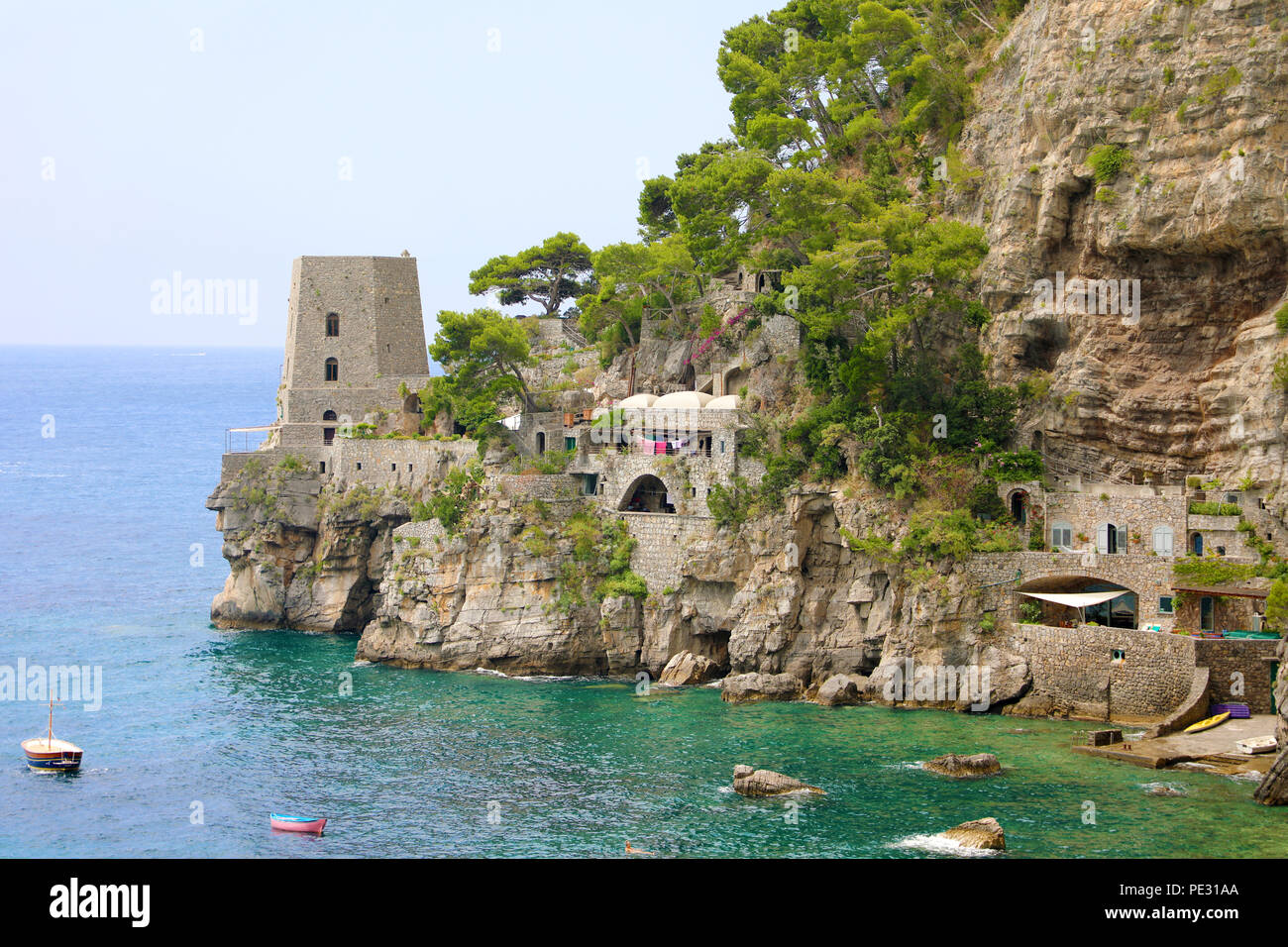 Small lookout tower with houses on rocks of Amalfi Coast, Italy Stock ...