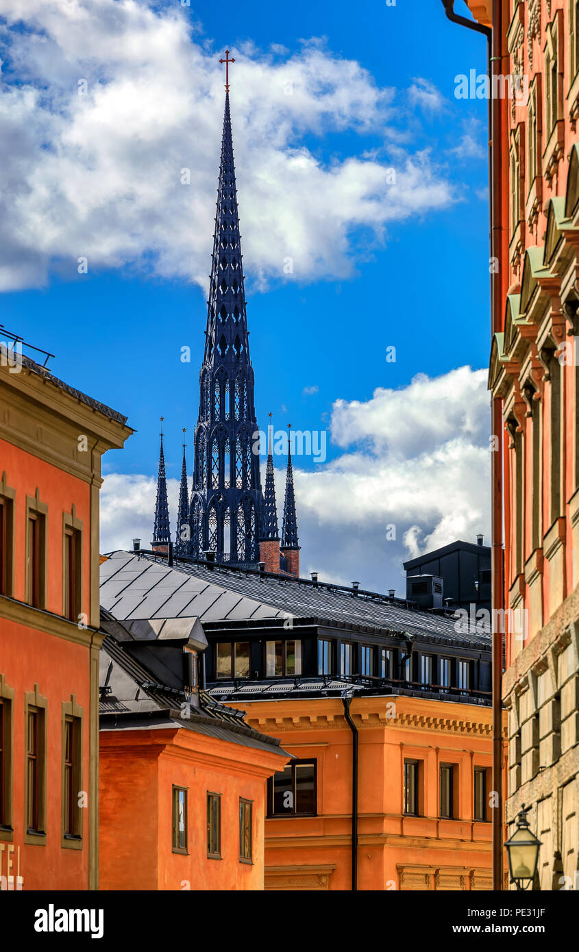 Traditional gothic buildings and Riddarholmen Church spire in the old ...