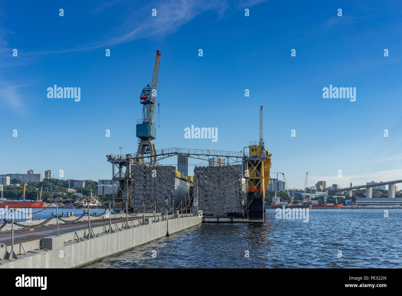 Vladivostok, Russia-August 11, 2018: Floating dock Dalzavod amid the ...