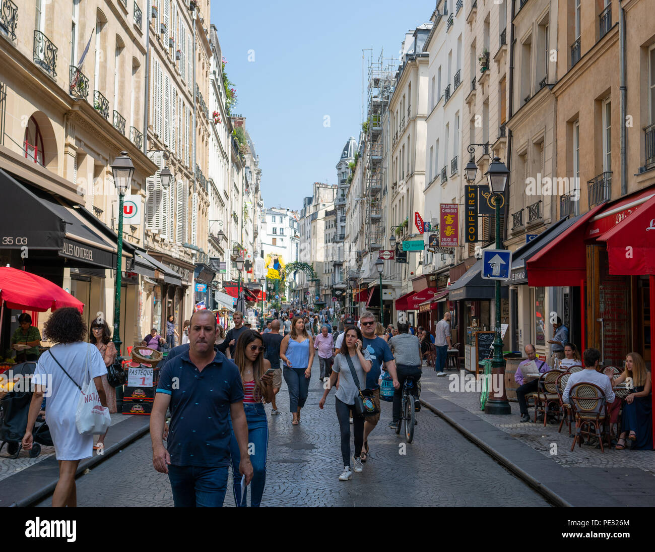 Paris France, 14 July 2018: Rue Montorgueil pedestrian street view in ...