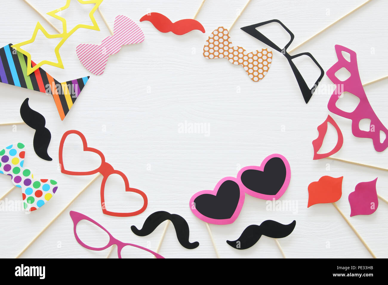 Top view image of funny and colorful photo booth props for party over ...