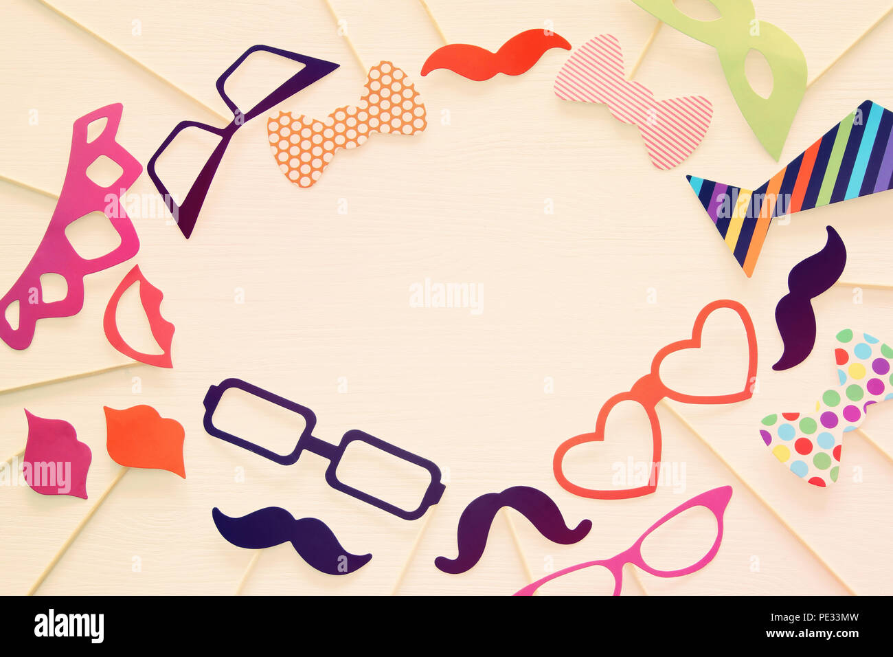 Top view image of funny and colorful photo booth props for party over ...