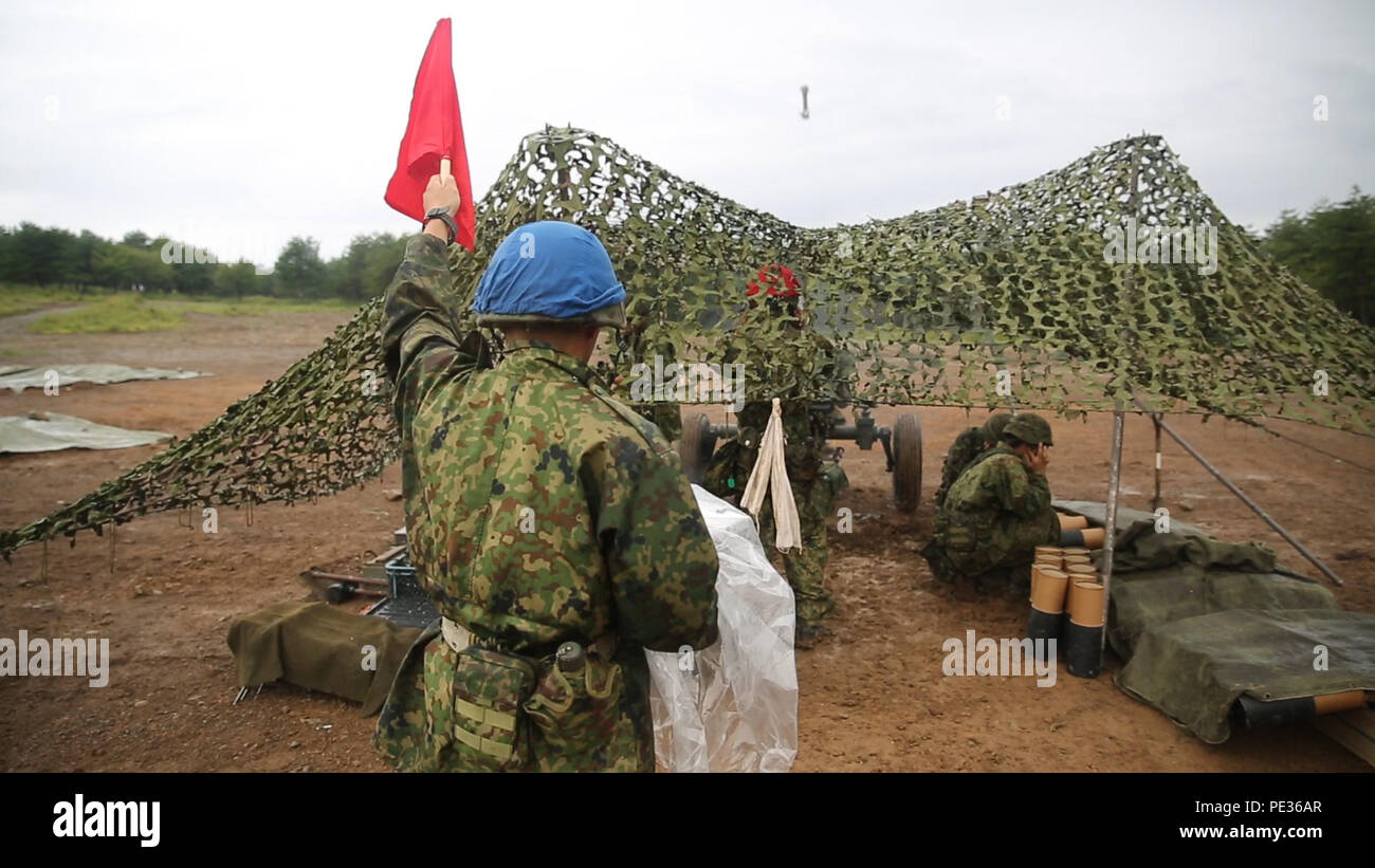 A Japanese Ground Self-Defense Force member holds up a flag showing ...