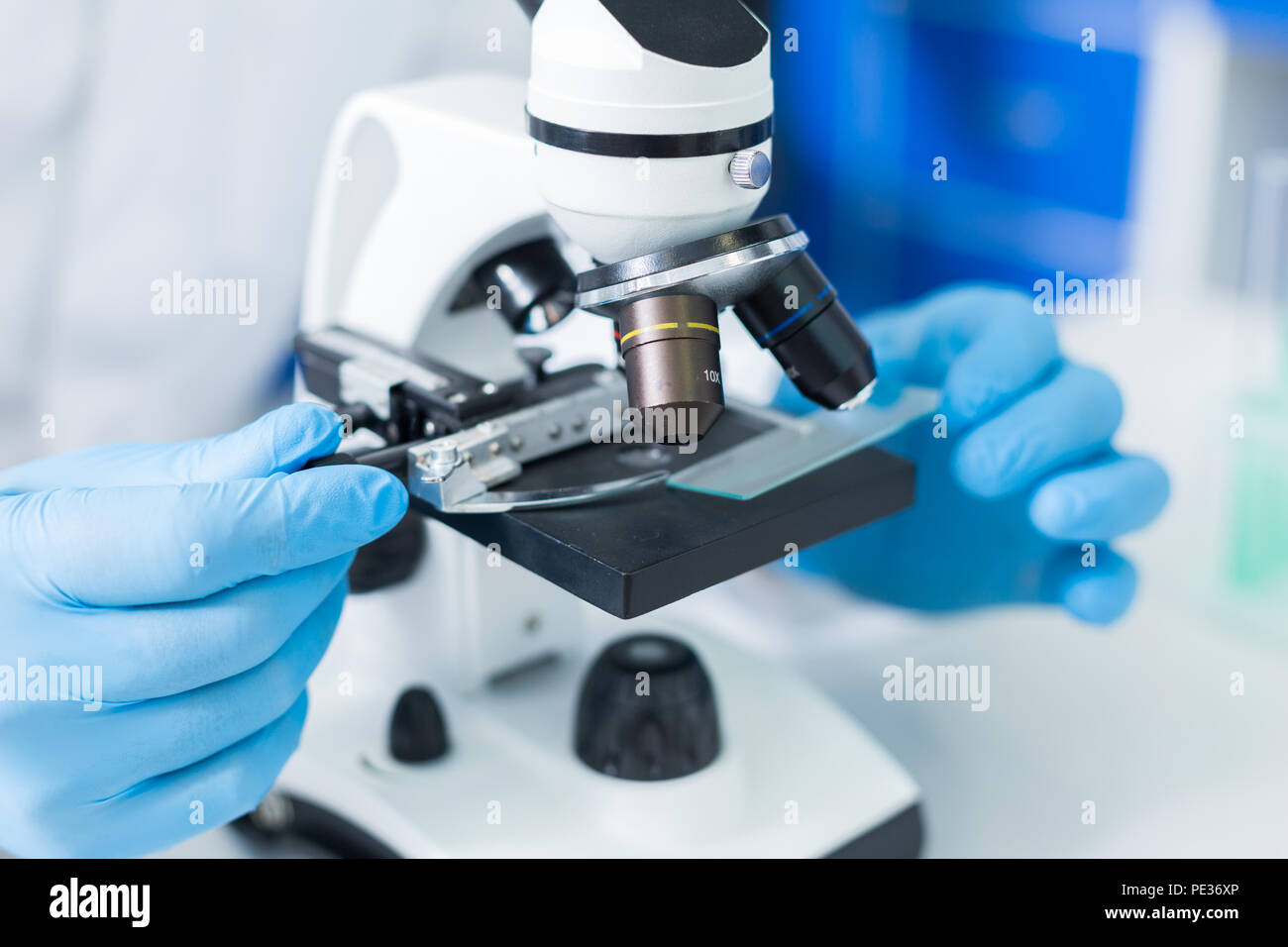 Modern device. Selective focus of detail of a modern microscope ...