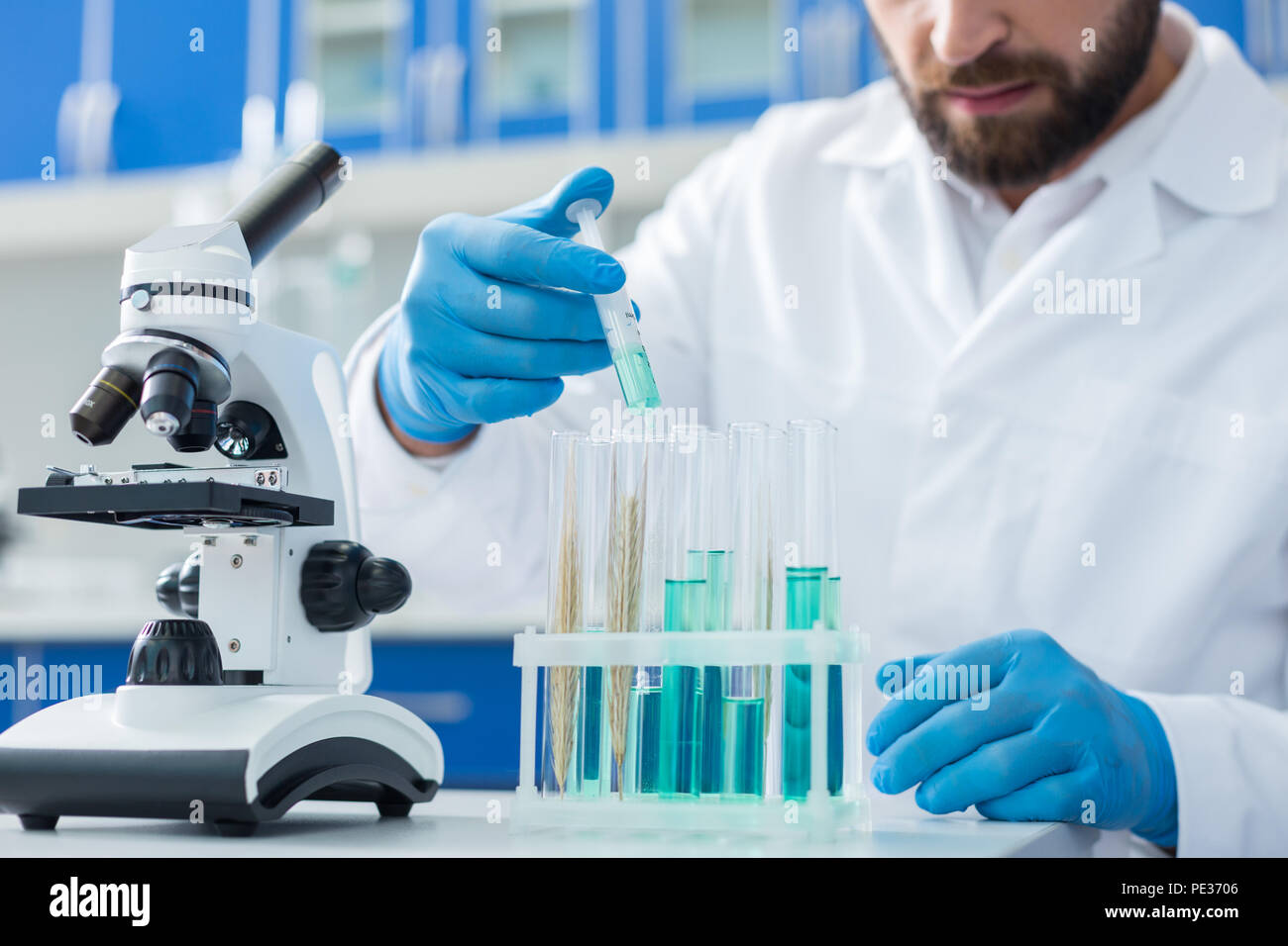 Biological engineering. Selective focus of test tubes with biological ...