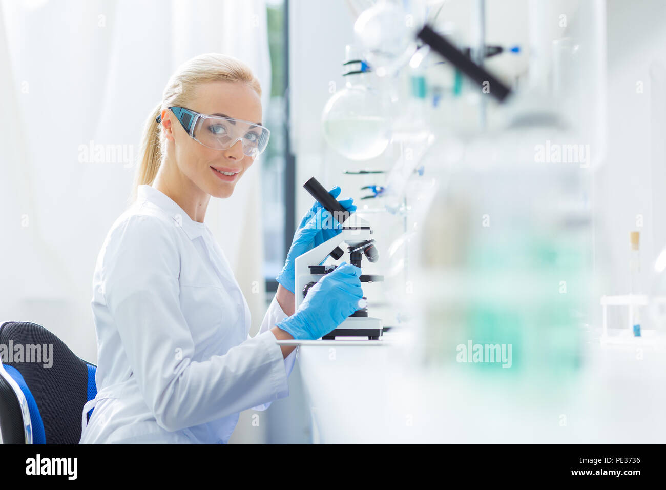 Professional study. Delighted nice female biologist sitting in front of ...