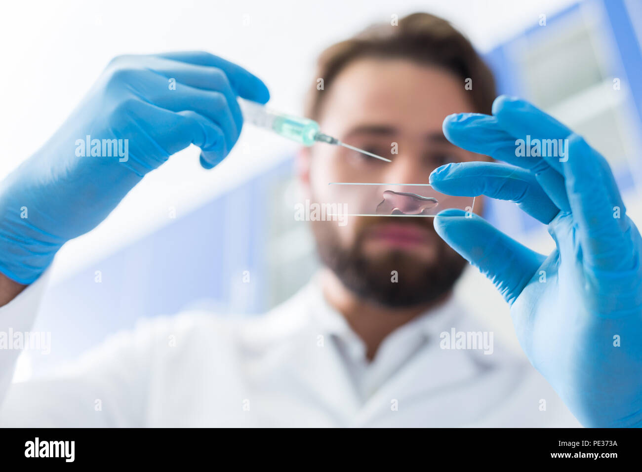 Test sample. Selective focus of a microscope slide being used for ...
