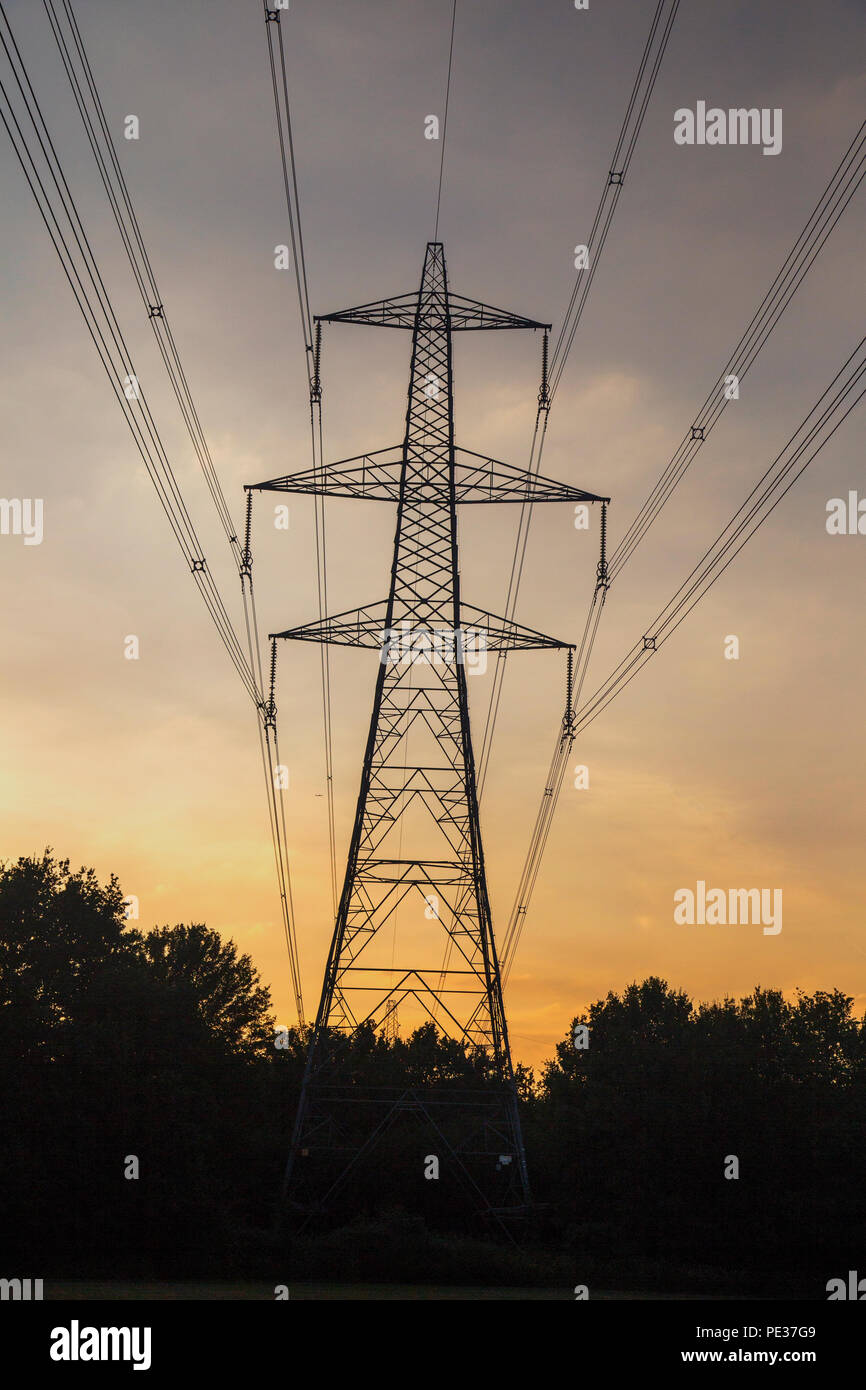 Power lines shot against a sunset in portrait format Stock Photo - Alamy