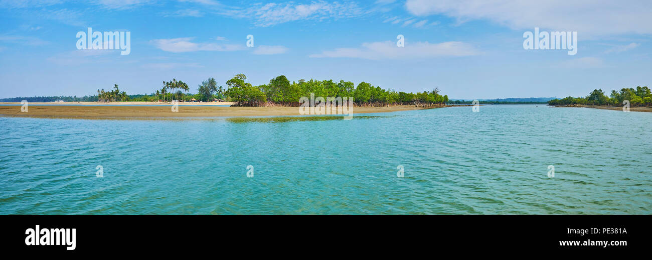Panorama of the estuary of Pathein river tributary with land spit ...