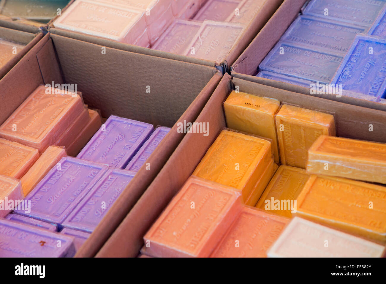 Nice, Cote d; Azur, France June 2018, Colourful locally made soap bars ...