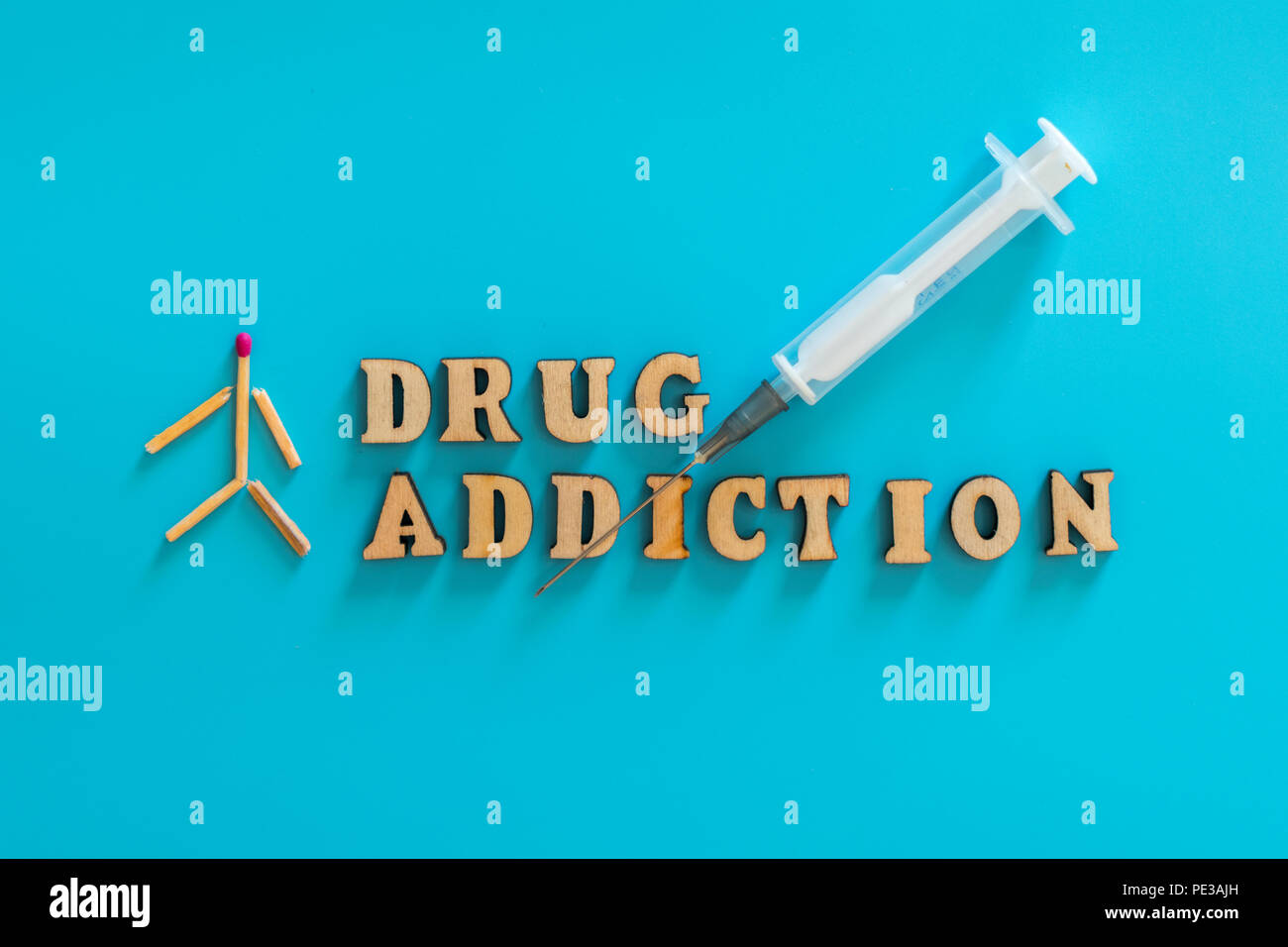 drug addiction concept. human figure, drugs, drug addiction on a blue ...