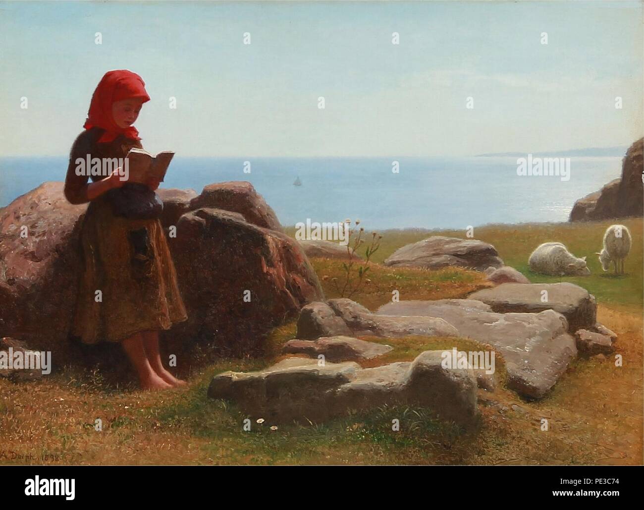 Anton Dorph - Sommer landskab med en pige, der læser, mens fårene ...