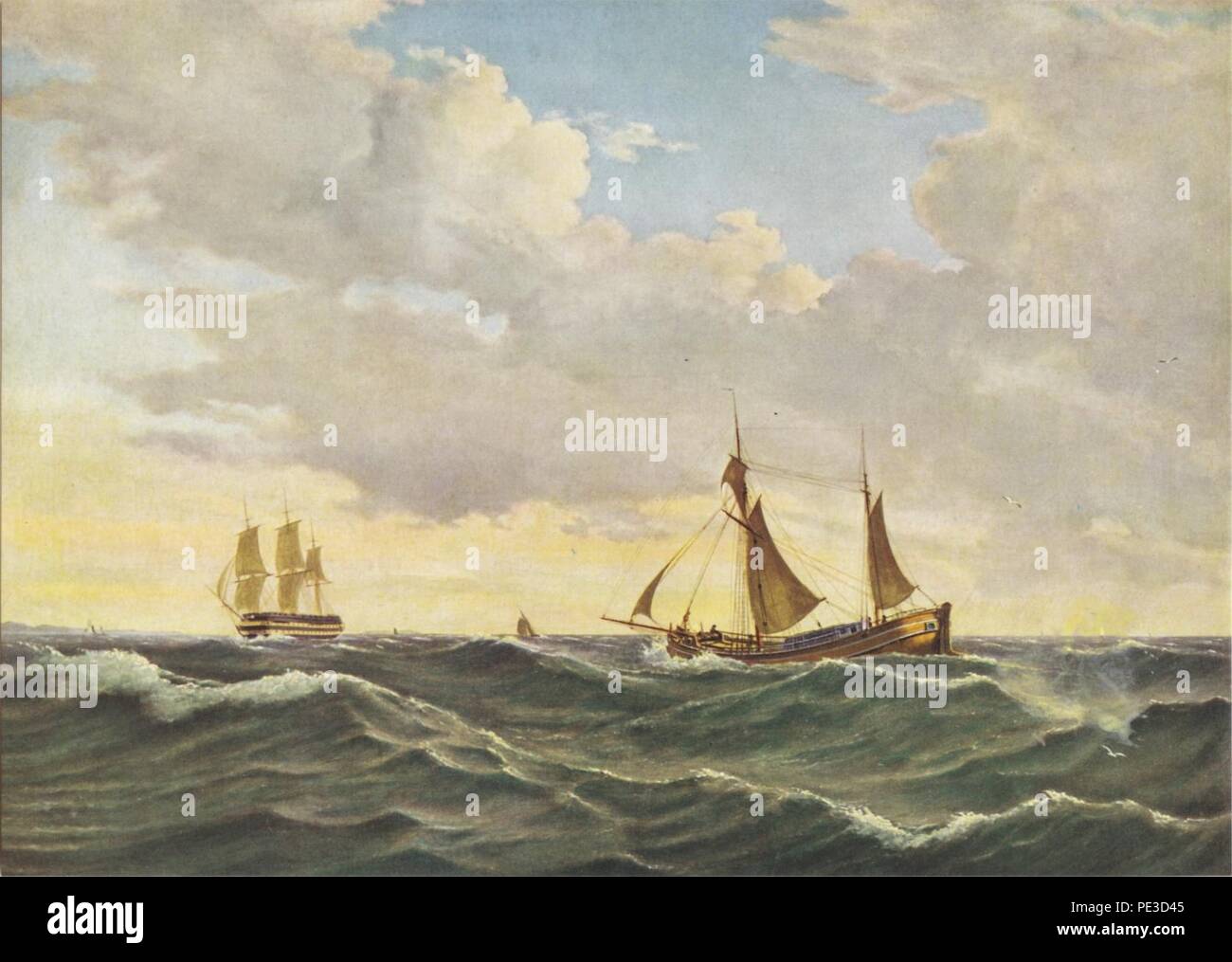 Anton Melbye - En kuf og et linieskib i merssejlskulingen - 1840 Stock ...