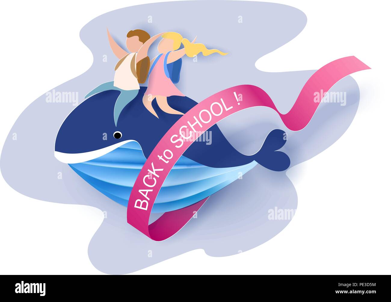 Back to school 1 september card with kids sitting on whale flying in ...