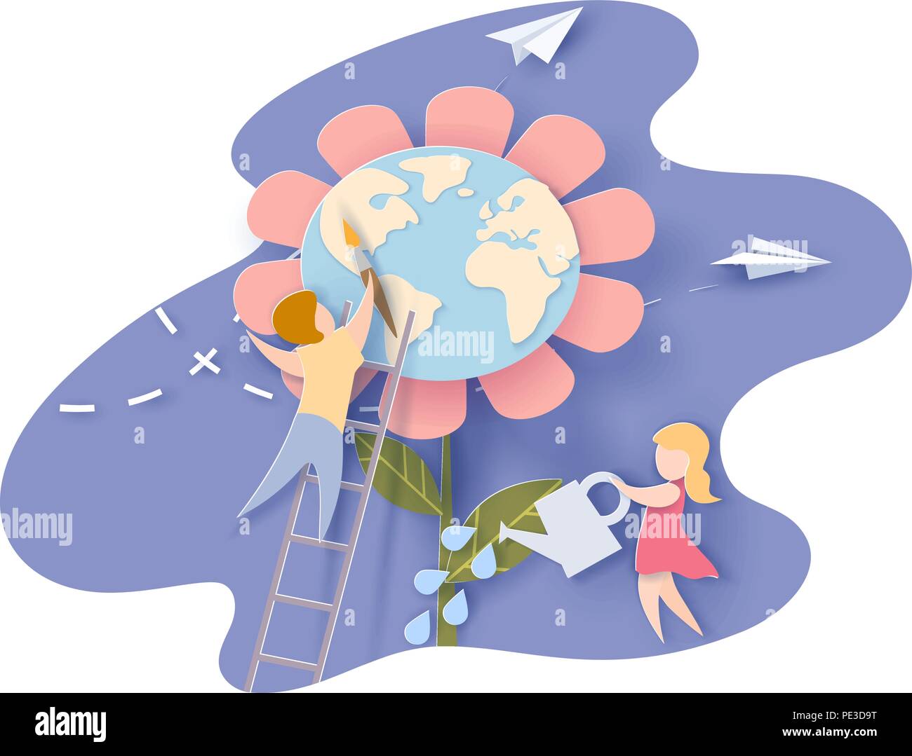 Children caring for the Earth flower with blue sky background. Save the ...