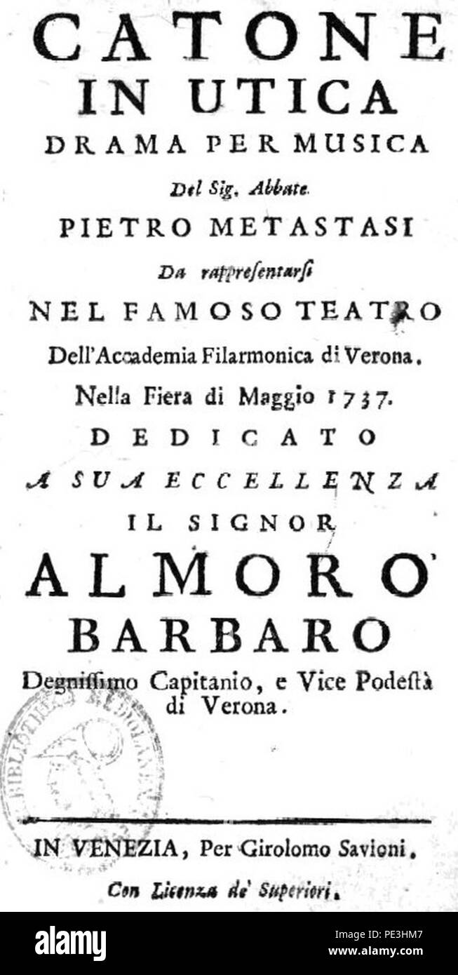 Antonio Vivaldi - Catone in Utica - titlepage of the libretto - Venice ...